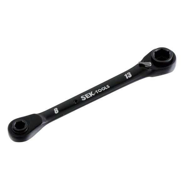 1本で4サイズ対応のギアレンチ。(レンチサイズ：8・10・12・13mm)  ギア数120山、送り角3度のギアを採用しています。  ノンスリップ機構により、約85％角が丸くなったボルトやナットに対応可能です。  【仕様・規格】 ■メーカー：...