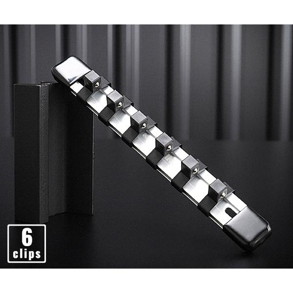 ソケット、ジョイント類をすっきり整理することができるアルミレールのソケットホルダーです。クリップは樹脂製（鋼球付き）でソケットの取り外しが容易です。ソケットを装着したままレール上をスライド可能です。ねじ穴付きで壁掛けやデスク固定が可能です。...