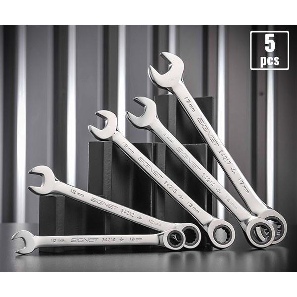 外車ディーラーでも採用実績のあるSIGNETのギアレンチを、エヒメマシンのオリジナルセットでお得に。スパナ×めがねレンチのコンビネーションにラチェット機構を搭載し、72歯（送り角度5°）で狭所でも小さな振り幅で確実に回せます。面接触設計で相...