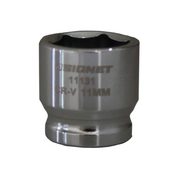 ミラー仕上げのメッキが美しいショートソケット。六角タイプ。ソケットの全長はわずか16mm(SIGNET従来品より8.5mm短い)、狭い場所での作業に最適。【仕様】差込角(DR)：1/4ソケット全長(L；mm)：16サイズ(S；mm)：11先...