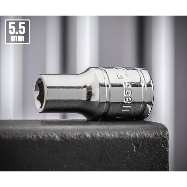 ミラー仕上げのメッキが美しいスタンダードソケット。ボルト・ナットを傷めにくい面接触タイプ。六角タイプ。【仕様】差込角(SQ)：1/4サイズ(mm)：5.5全長(L；mm)：24.5先端部ソケット外径(D1；mm)：8.5差込部ソケット外径(...