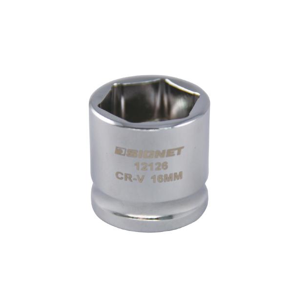 ミラー仕上げのメッキが美しいショートソケット。六角タイプ。吊り下げタグ付き。ソケットの全長はわずか22mm(SIGNET従来品より4mm短い)、狭い場所での作業に最適。【仕様】差込角(DR)：3/8ソケット全長(L；mm)：22サイズ(S；...