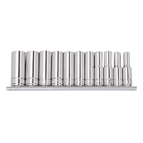 ミラー仕上げのメッキが美しいディープソケットセット。ボルト・ナットを傷めにくい面接触タイプ。6角タイプ。ソケットホルダー付き。ボルトの貫通したナットや、奥まった所での作業に最適。【仕様】差込角(SQ)：3/8【セット内容/付属品】ディープソ...