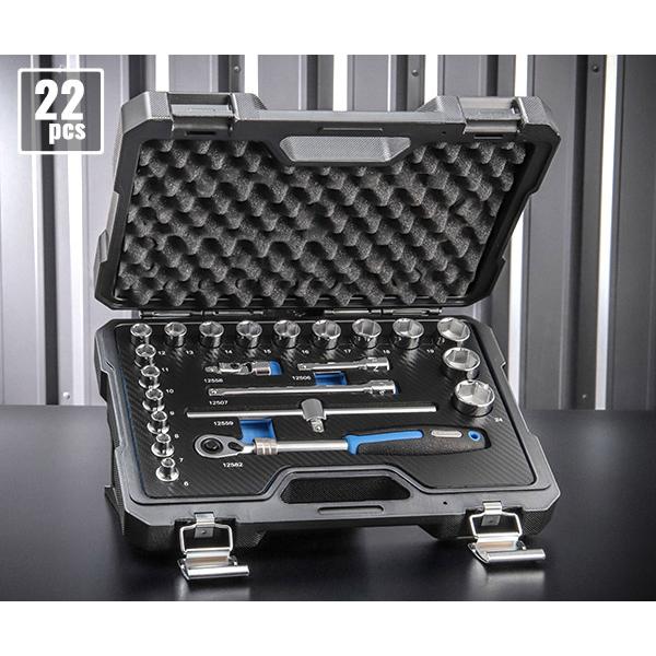伸びるラチェットで、エンジンルームから足まわりまで一気にカバー。・差込角3/8DRのソケットレンチ22点セット・ミラーメッキ仕上げの6角ソケットで、しっかりしたかかりと美しい外観を両立・強度と軽さを兼ね備えたブローケース採用【仕様】メーカー...
