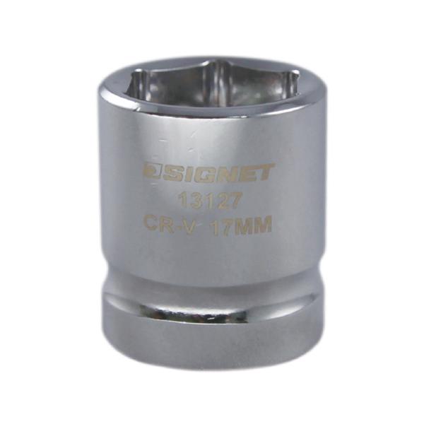 ミラー仕上げのメッキが美しいショートソケット。6角タイプ。ソケットの全長はわずか28mm(SIGNET従来品より15mm短い)、狭い場所での作業に最適。吊り下げタグ付き。【仕様】差込角(DR)：1/2ソケット全長(L；mm)：28サイズ(S...