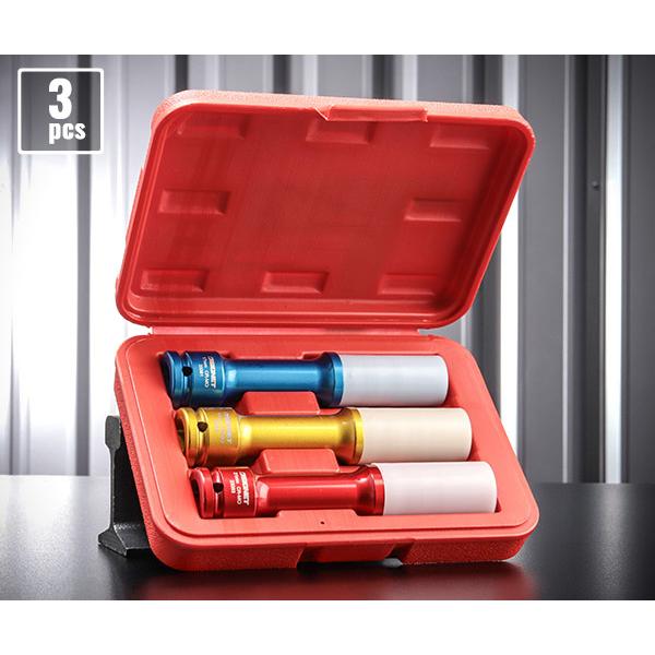 薄肉ロングタイプ。ホイールへのダメージを軽減する樹脂カラー付き。ブローモールドケース入り。【仕様】差込角(SQ)：1/2適合するピン：23572(1/2DRインパクト用ピン5個)適合するリング：23552(1/2DRインパクト用Oリング5個...