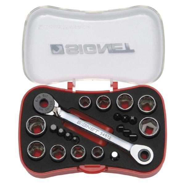 ギアレンチマイクロドライバーに必須サイズのビットとソケットをセット。簡単な作業はこれ1セットで対応可能。オートバイの車載工具にもオススメ。マイクロドライバーは60歯ギアを採用、狭い場所での作業に重宝。さらに便利な手回し用ダイヤル付。メガネ部...