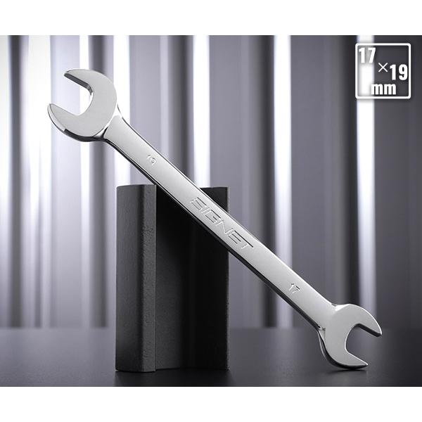 ミラー仕上げの美しいスタンダードスパナ。【仕様】サイズ(mm)：17×19全長(L；mm)：225スパナ部幅(B1/B2；mm)：35.0/39.5スパナ部厚み(A1/A2；mm)：7.0/8.5質量(g)：180メーカー名：SIGNET（...