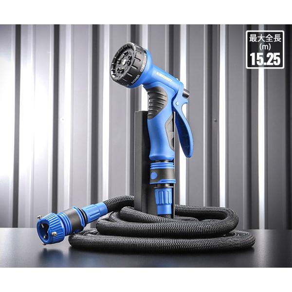 ・通水で最大3倍に伸長、使用後は水抜きで元の長さへ・厚手繊維カバーで高耐久・ノズル10種切替（アングル／コーン／フル／ミスト／ソーカー／センター／フラット／ジェット／シャワー／バーチカル）・トリガーロックで継続散水が可能・収納に便利なバッグ...