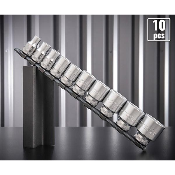 ASドライブプロファイル(ダブルヘックス)。HPQハイグレードスチール、クロムメッキ。1/2"ソケットを壁面などに整然と収納できるよう、側面にミシン目を入れています。ボールロック装置でプラスチックマウントを確実に固定。【仕様】入組数：10点...