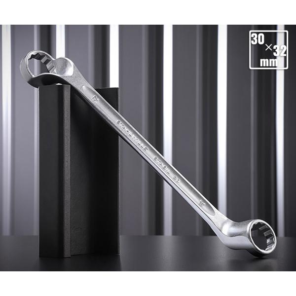 メガネ部のオフセットが75°で障害物がある際の作業に最適。軽さと剛性感を両立するI型ボディー。油のついた手でも滑りにくい梨地仕上げのメッキを採用。AS-drive(面接触)によりボルトナットの角を傷めない。【仕様】サイズ(mm)：30×32...