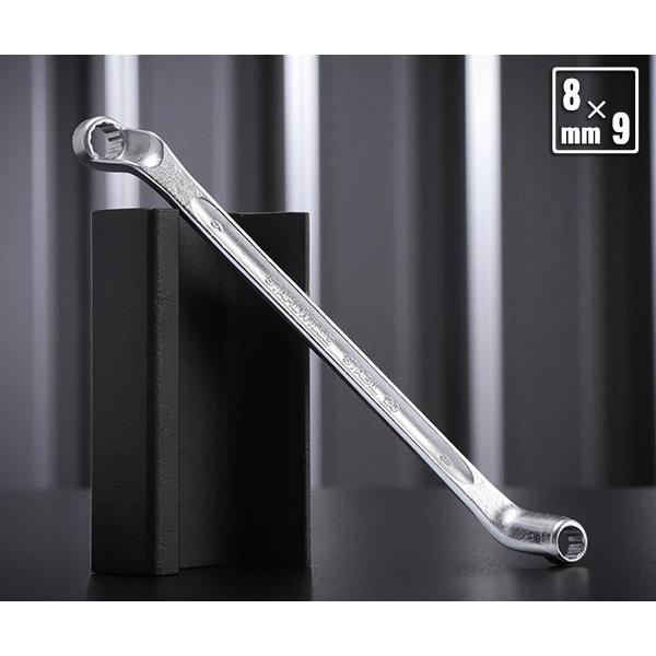 メガネ部のオフセットが75°で障害物がある際の作業に最適。軽さと剛性感を両立するI型ボディー。油のついた手でも滑りにくい梨地仕上げのメッキを採用。AS-drive(面接触)によりボルトナットの角を傷めない。【仕様】サイズ(mm)：8×9全長...