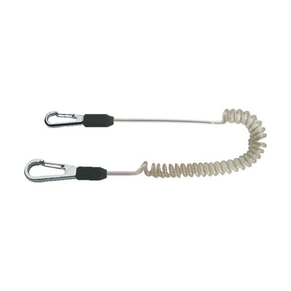 特長：ナスカン部に独自のコンパクトな樹脂金具を採用しています。ワイヤーとポリウレタンがはく離しない一体成型加工品です。用途：高所作業での工具落下防止に。工具、計量小物の紛失防止に。●最大長さ(mm)：1350●自然長(mm)：410●色：ク...