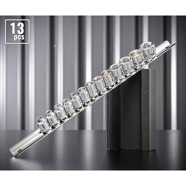 ミラー仕上げのメッキが美しいショートソケット。六角タイプ。ショートソケット13PCセット。ソケットの全長はわずか16mm(SIGNET従来品より8.5〜9mm短い)、狭い場所での作業に最適。【仕様】差込角(DR)：1/4ソケット全長(mm)...