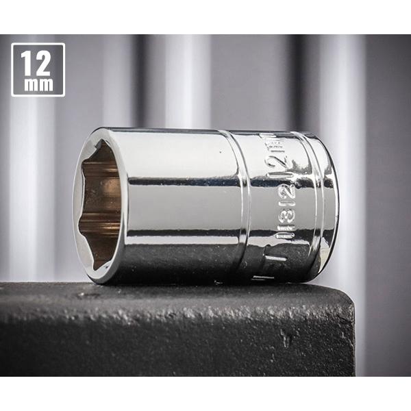 ミラー仕上げのメッキが美しいスタンダードソケット。ボルト・ナットを傷めにくい面接触タイプ。六角タイプ。【仕様】差込角(SQ)：1/4サイズ(mm)：12全長(L；mm)：25先端部ソケット外径(D1；mm)：16.8差込部ソケット外径(D2...