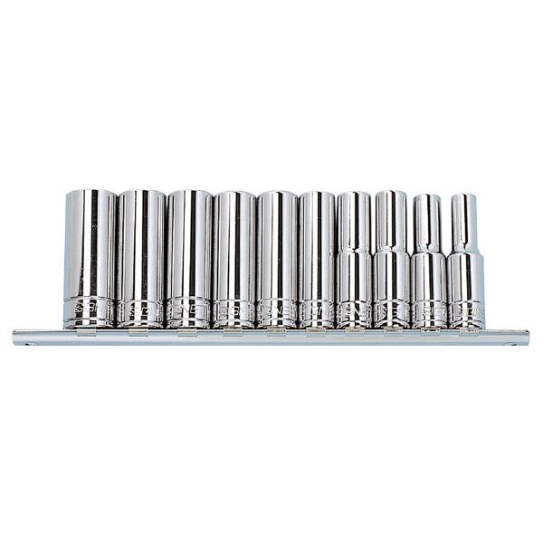 ミラー仕上げのメッキが美しいディープソケットセット。ボルトの貫通したナットや、奥まった所での作業に最適。ボルト・ナットを傷めにくい面接触タイプ。6角タイプ。ソケットホルダー付き。【仕様】差込角(SQ)：1/4【セット内容/付属品】ディープソ...