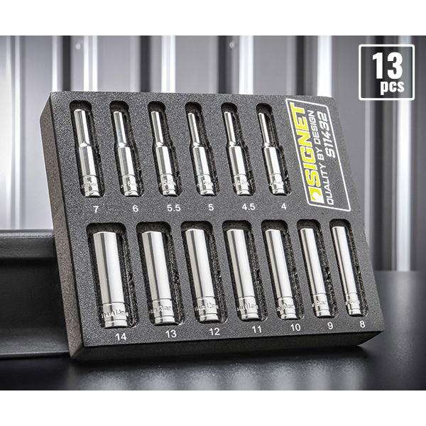 ミラー仕上げのメッキが美しいスタンダードソケットセット。ボルト・ナットを傷めにくい面接触タイプ。六角タイプ。 EVAのDESIGNトレー付きで整理整頓ができ、サイズも一目でわかります。【仕様】差込角(DR)：1/4入組サイズ(mm)：4・4...