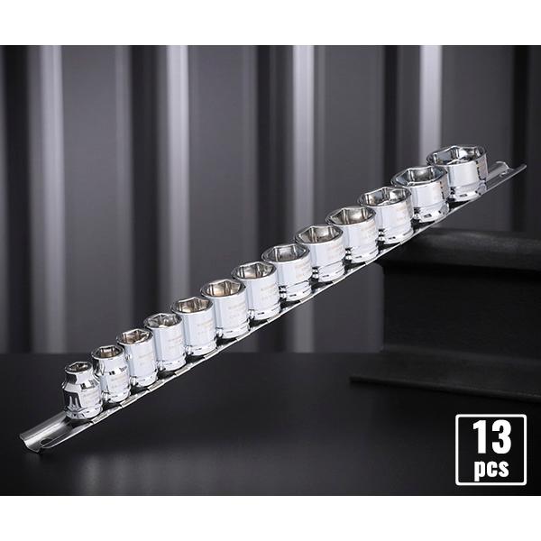 ミラー仕上げのメッキが美しいショートソケット。六角タイプ。吊り下げタグ付き。ショートソケット13PCセット。ソケットの全長はわずか22mm(SIGNET従来品より3〜6.5mm短い)、狭い場所での作業に最適。【仕様】差込角(DR)：3/8ソ...