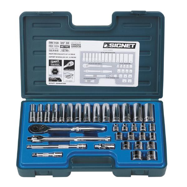 ミラー仕上げのメッキが美しいスタンダードソケットセット。ボルト・ナットを傷めにくい面接触タイプ。6角タイプ。ブローモールドケース入り。【仕様】差込角(SQ)：3/8【セット内容/付属品】ソケット：8・9・10・11・12・13・14・15・...