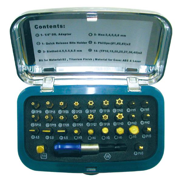 チタンコーティングにより耐久性を向上させたビットセット。【仕様】差込角(HEX)：1/4【セット内容/付属品】1/4"SQアダプター：21404クイックリリースビットホルダー：21406プラスビット：#1・2・3(21411・21412・2...