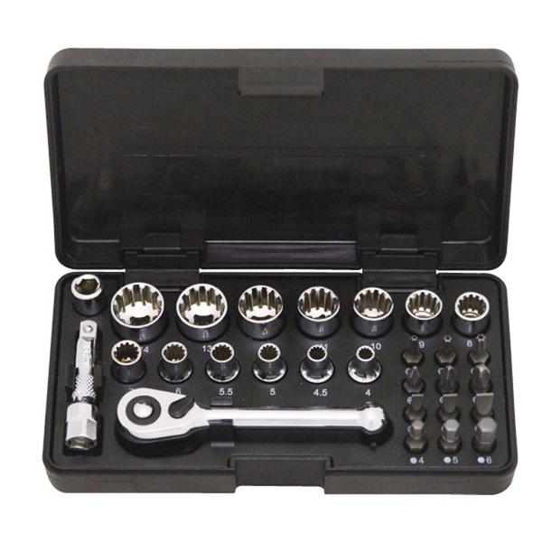 スプラインタイプソケットは6角、12角、スクエア、スプライン、ヘクスローブ及びなめたボルト等、様々なボルトに使用可能。【仕様】[ラチェットハンドル]全長(L；mm)：96ヘッド部+差込部厚み(H；mm)：20ヘッド厚み(T；mm)：10ヘッ...