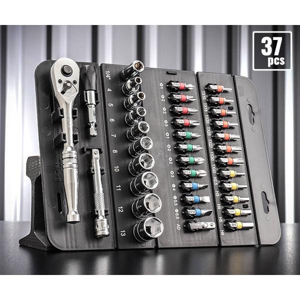 コンパクトツールの新シリーズ「ロールチョイス」です。ビット、ソケット大容量の37アイテム構成で、収納時はロール状になります。プッシュボタン付きスタンダードラチェットハンドルです。エクステンションバーとロッキングビットホルダー付きです。DIY...