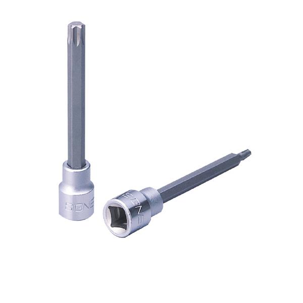 ヘクスローブネジ用T型ロングビットソケット。【仕様】差込角(SQ)：3/8サイズ：T25先端部外径(mm)：4.40対応ねじサイズ(mm)：M4.5・5全長(L1；mm)：100軸長(L2；mm)：75外径(D；mm)：18メーカー名：SI...