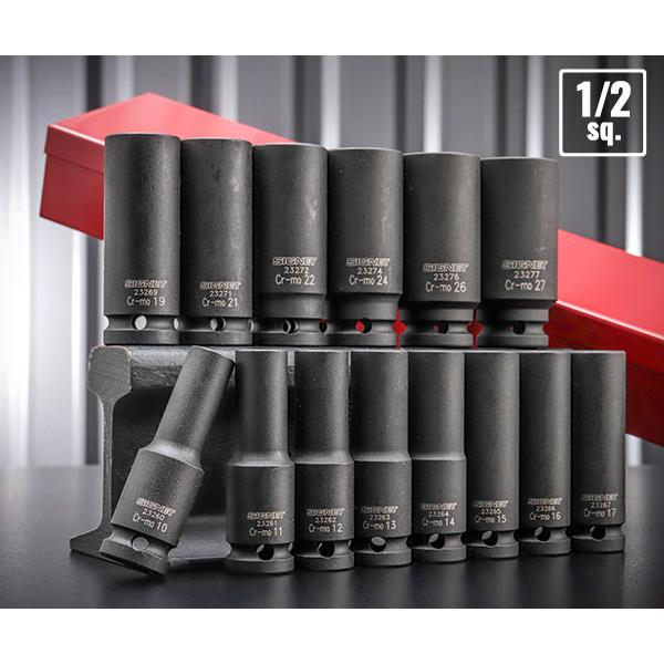 ケース付き。【仕様】差込角(SQ)：1/2【セット内容/付属品】ディープインパクトソケット：10・11・12・13・14・15・16・17・19・21・22・24・26・27mm(23260・23261・23262・23263・23264・...