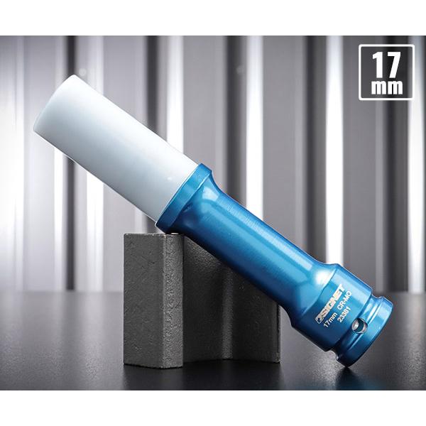 薄肉ロングタイプ。ホイールへのダメージを軽減する樹脂カラー付き。【仕様】差込角(SQ)：1/2サイズ(mm)：17全長(L；mm)：150先端部ソケット外径(D1；mm)：27(樹脂カラー含む)差込部ソケット外径(D2；mm)：30※ピン・...