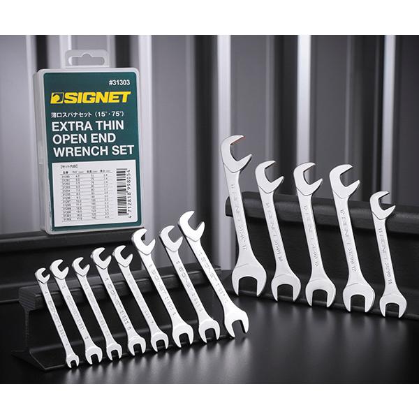 大変薄いので、ダブルナットや精密な作業に便利。15°と75°の角度で様々な箇所へアクセス可能。4〜17mmの13本セット。【仕様】パッケージサイズ(mm)：153×86×30質量(g)：350【セット内容/付属品】薄口スパナ：4・5・5.5...