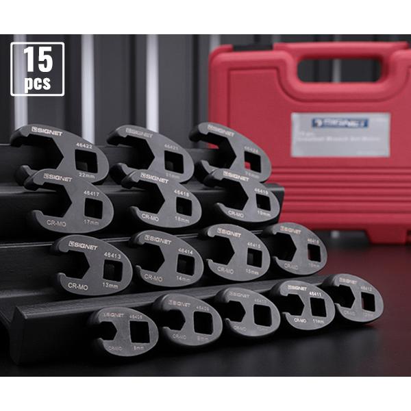 15サイズ入りのクローフットレンチセット。ケース付き。ブレーキ周りの整備に最適。【仕様】ケースサイズ(mm)：235×300×50差込角(SQ)：3/8(8〜19mm)・1/2(21〜24mm)【セット内容/付属品】クローフットレンチ：8・...