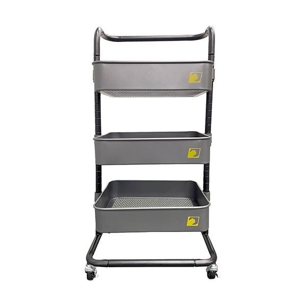 工具や日用品を収納する移動式ラック。キャスター付きの3段ラックで移動がラクラクです。収納部はメッシュになっており、任意の高さにセットできます。各段の耐荷重は約10kgで工具など少し重いものも載せることができます。ガレージ、倉庫、ご家庭に。【...