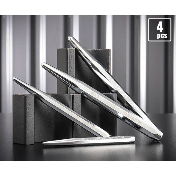 美しいミラーメッキ仕上げのセンターポンチ4本セット。八角胴【仕様】材質：CR-V刃先幅（mm）：3・4・6・8胴サイズ（mm）：8.0・9.5・12.7・12.7全長（mm）：100・120・150・150【セット内容/付属品】セット内容：...