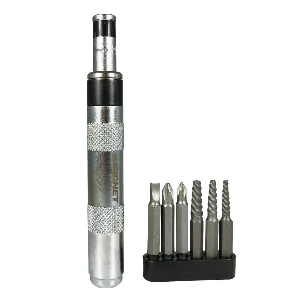 サビついて固着したネジの緩め・締め作業に最適です。ハンマーで叩いて衝撃を与えながら使用するショックドライバーです。よく使用する＋、−ビットに加え、エキストラクターを付属しています。反時計回り及び時計回り(逆ネジ用)の両方に使用できます。ネジ...