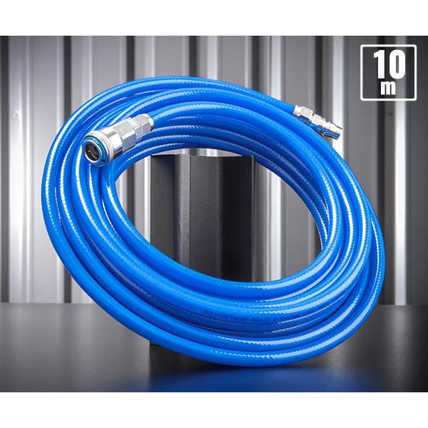 エアーツールに必須のエアーホースです。ホースは補強入りで高耐久、高耐圧です。材質には耐久性・耐摩耗性に優れたポリウレタンを採用します。軽量で取り回しやすいです。柔軟性が高く、低温環境でもしなやかです。カプラー付きです。【仕様】使用温度(℃)...