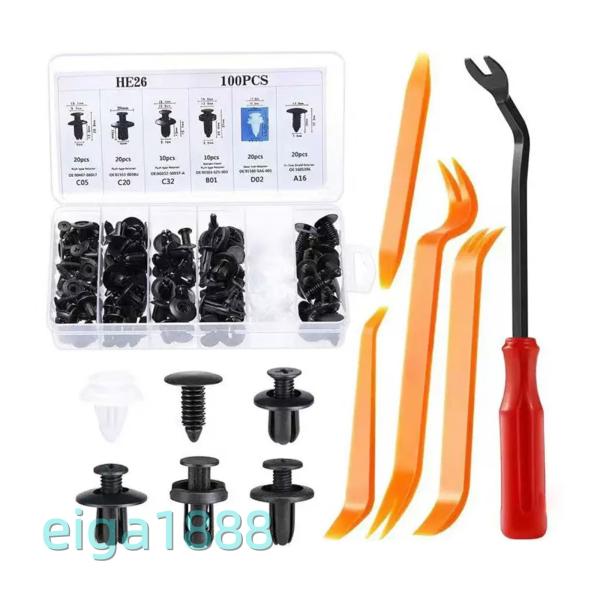 6種類100個セット：多様な修理シーンに対応，車のフェンダーやバンパー、内装パネルの取り外しに最適な6タイプのリベットクリップをセット。プッシュリベット式で工具不要の簡単着脱が可能。収納箱付きで紛失防止＆整理整頓に便利です。プッシュ式設計：...