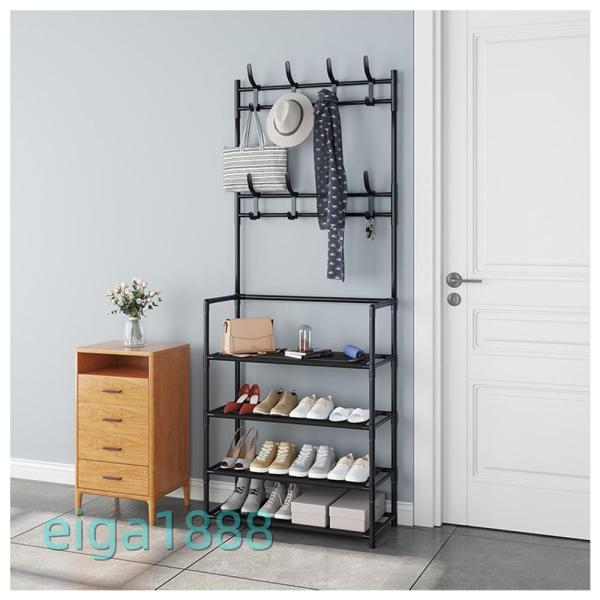 【多機能収納、収納力抜群】靴棚と服掛けスタンドが融合した設計で、機能性のあるおしゃれな家具です。靴やスリッパなど収納しながら、カバンや帽子、マフラー、コート、鍵などを掛けることですっきりと収納できます。【省スペース】 スリムなので、限られた...