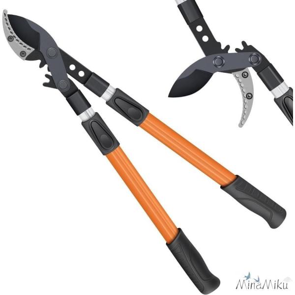 【幅広い用途】切断径60mm、全長：67-100cｍ。公園、街路樹、果樹、庭園などの太枝切りや剪定作業に最適!【5段階伸縮式】伸縮機能付きなので、太い枝を楽に剪定、高所の作業にも脚立いらずで安全です。手元操作で簡単に伸縮できます。【パワーギ...