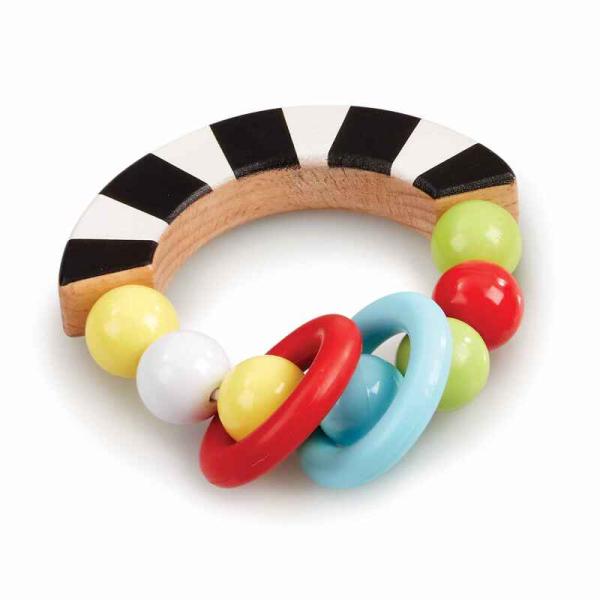 ELC社の木製 ビーズ ラトル(Wooden Bead Rattle)は、生まれたばかりの赤ちゃんが認識できる色「白と黒」模様のベースにカラフルなビーズが連なった０ヵ月からの木製ラトル(木製ガラガラ)です。木製ならではのカタカタと心地よい「...