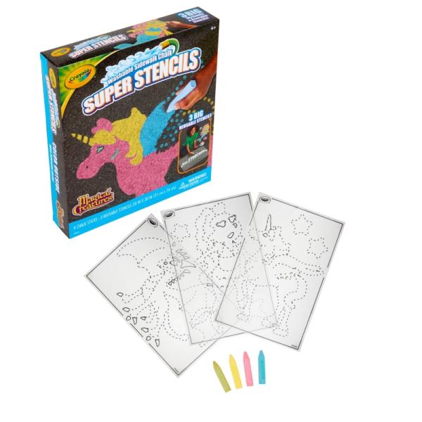 ユニコーン・マーメイド・ドラゴンの3種のステンシルシートで、なぞって描いて楽しくお絵かき！輪郭を描いたら色を塗って完成。水洗いOKで繰り返し使えます。ジャンボチョークはアスファルトやコンクリートに最適で、描いたあとは水で簡単に洗い流せるウォ...