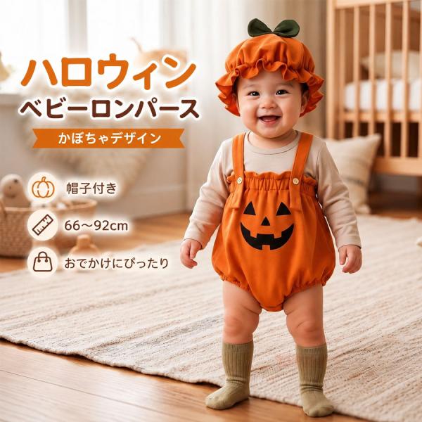商品紹介ハロウィン気分をかわいく楽しめる、かぼちゃモチーフのベビーロンパース股部分にはスナップボタンが付いているので、おむつ替えもスムーズ。おうちでのハロウィンパーティーや記念撮影、保育園のイベントにもおすすめです。【セット内容】2点セット...