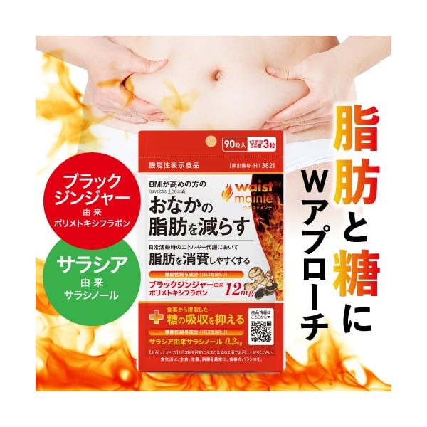 ウエストメンテ 90粒 医師監修 機能性表示食品内臓脂肪や食後の血糖値が気になる方(※1)(※2)におすすめ。機能性関与成分【ブラックジンジャー由来ポリメトキシフラボン】【サラシア由来サラシノール】をW配合し、脂肪と糖へ多角的にアプローチ。...
