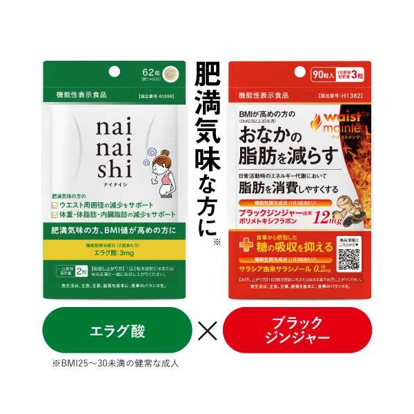 ナイナイシ + ウエストメンテ セット 医師監修 機能性表示食品 サプリメント機能性関与成分「エラグ酸」「ブラックジンジャー」「サラシア」BMIが高めの方、肥満気味の方、お腹の脂肪、食後の血糖値が気になる方に。エラグ酸 サプリ 肥満気味の方...