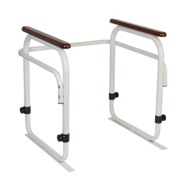 立ち座りラクラク 簡単組立式手すりトイレでの転倒事故防止に●サイズ（約）:幅63×奥行62.5×高さ61〜73cm（高さ6ポジション）●重さ（約）:7kg●材質:スチール、天然木、ナイロン●耐荷重:片側50kg●企画:日本（製造:中国）※床...