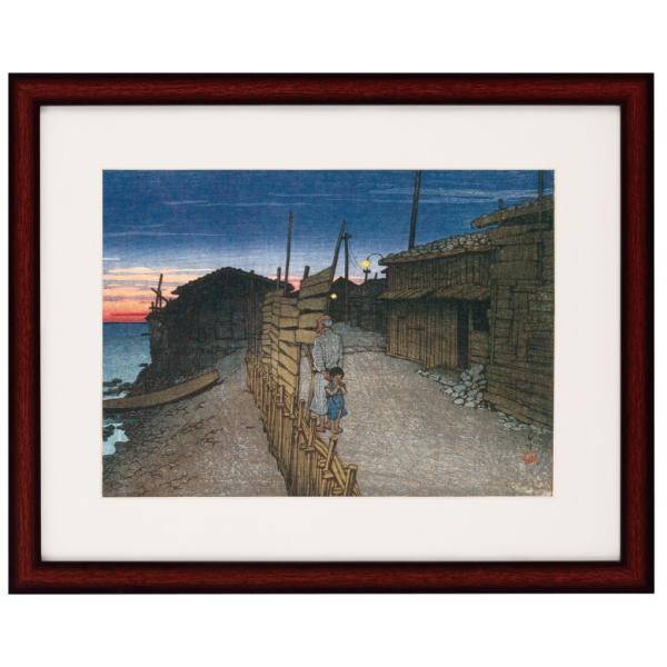 「旅みやげ第二集」の版。夕暮れの時の海辺を眺める祖父と背をむける孫の様子に繊細な情緒が伝わってきます。■ 川瀬巴水［略歴］明治16年（1883）、東京市芝区（現港区新橋五丁目）生まれ。25歳の時に鏑木清方の門をたたく。最初は年齢を理由に入門...