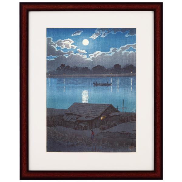 「東京二十景」の版。荒川沿いの月が輝く夜。漁師の船が川を下り、幼子を抱く女性が歩いて行く、穏やかで美しい夜景。■ 川瀬巴水［略歴］明治16年(1883)、東京市芝区(現港区新橋五丁目)生まれ。25歳の時に鏑木清方の門をたたく。最初は年齢を理...