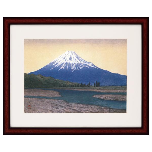 夕空にそびえる霊峰の元、富士川が悠然と流れています。左は岩本山。移ろう時を感じる優美な味わいの作品です。■ 川瀬巴水[略歴]1883年、東京市芝区(現港区新橋五丁目)生まれ。1918年、伊東深水の木版画に触れ、版画制作に意欲を燃やす。同年、...