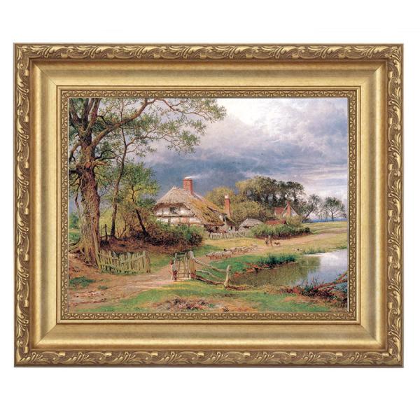 ベンジャミン・ウィリアムズ・リーダーは英国西部ウースター生まれの風景画家。古民家の前の道、羊を歩かせる親子ののどかな風景。●絵寸法：（約）長辺32×短辺25cm●額寸法：（約）長辺45.5×短辺38.5×4cm●重量：（約）1.1kg●額材...