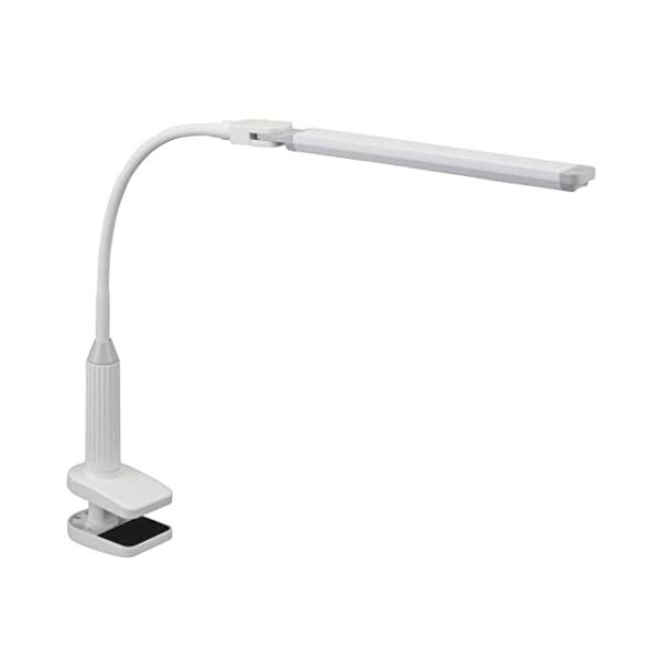 カラー：ホワイトスタイル：クランプタイプ【 特 長 】 LEDデスクランプ クランプタイプ 広範囲を明るく照らす長いセード 軽くまわすだけでしっかり固定(テーブル厚約5~60mmまで対応) 横向きにもできる回転式セード フレキシブルアーム採...