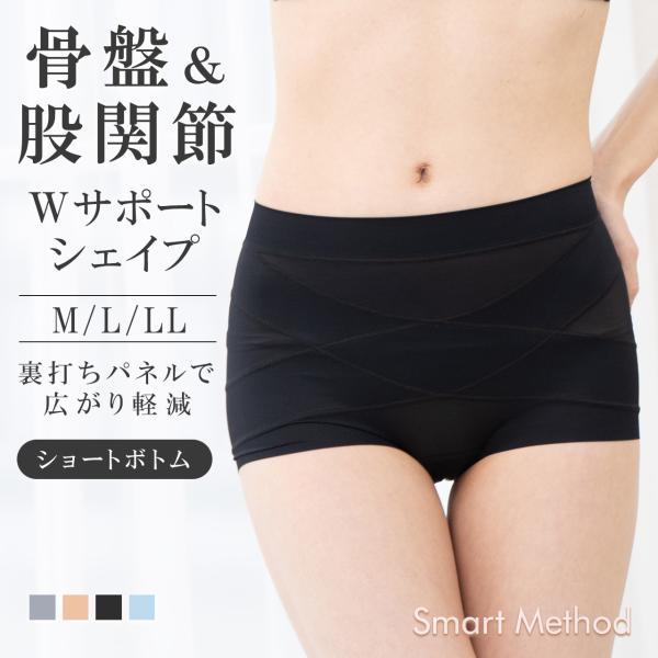 骨盤と股関節を裏打ちパネルで広がりを軽減＆安定させます。ウエスト折り返しで食い込みを軽減。足口フラットなヘム加工でアウターにひびきにくい。ショート丈タイプ。■サイズ：M（ウエスト　64〜70cm、ヒップ　87〜95cm）L（ウエスト　69〜...